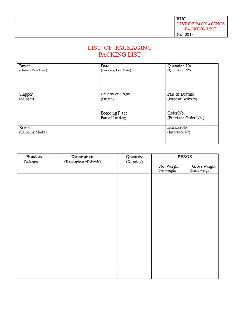Packaging List Format | PDF