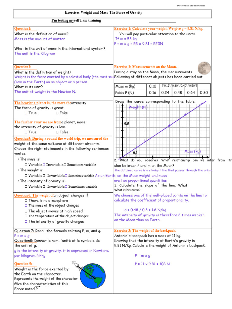 3 ABC Physics Exercises Gravity Weight and Mass Solutions | PDF ...