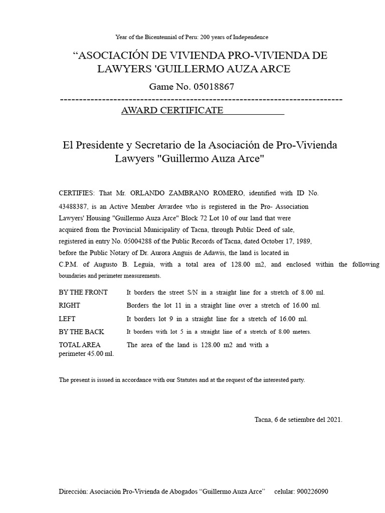 Peru Bicentennial Housing Certificate | PDF