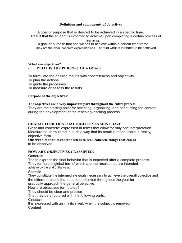 Definition and Components of Objectives | PDF | Goal | Policy
