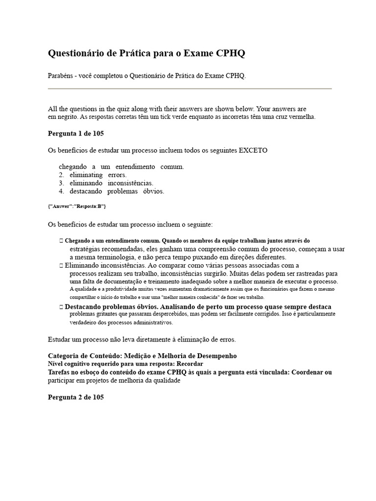 Questionário Prático Exame CPHQ | PDF | Liderança | Mediana (Estatística)