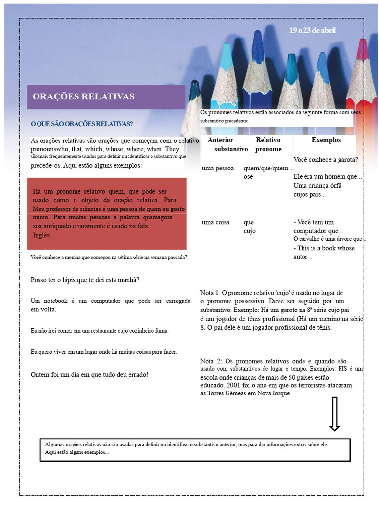CLÁUSULAS RELATIVAS - 9º ANO | PDF | Pronome | Famílias linguísticas