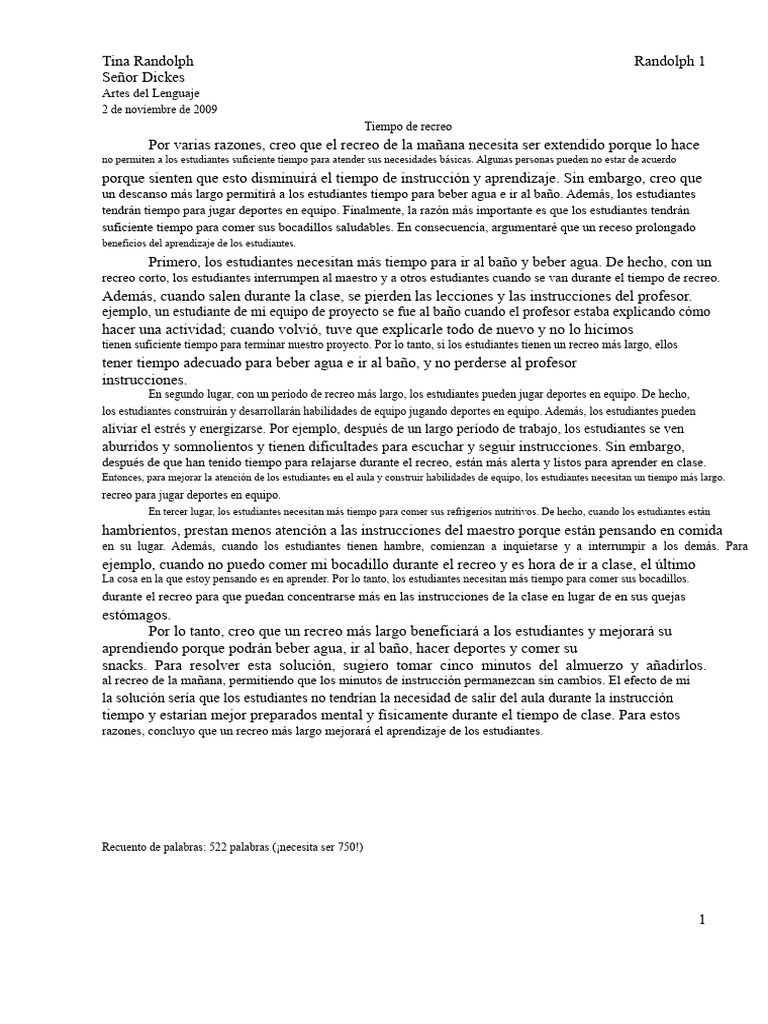 Muestra de Ensayo Persuasivo Tiempo de Recreo | PDF | Cognición | Sicología