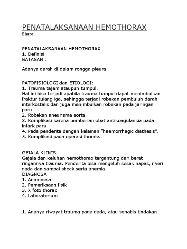 Penatalaksanaan Hemothorax | PDF