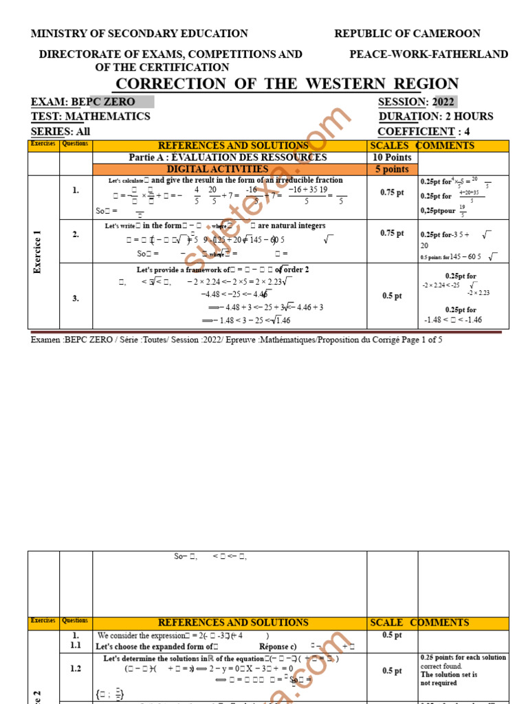 PROPOSED SOLUTION - ZERO MATHEMATICS TEST - BEPC - SESSION 2022 ...