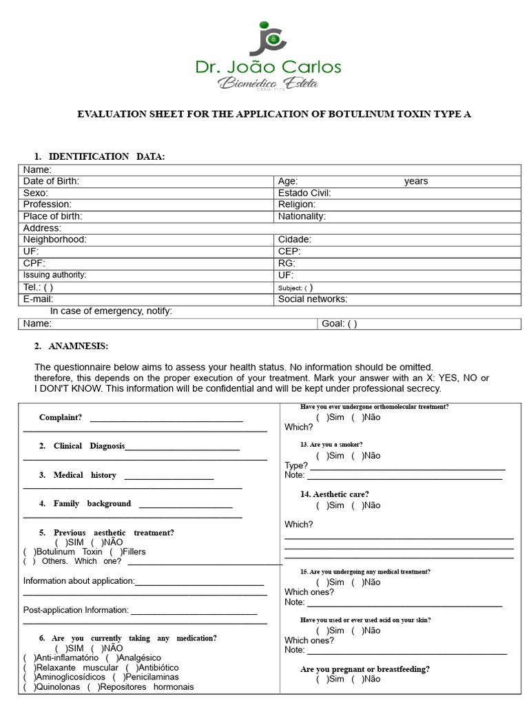 Evaluation Form For The Application of Botulinum Toxin PDF | PDF ...