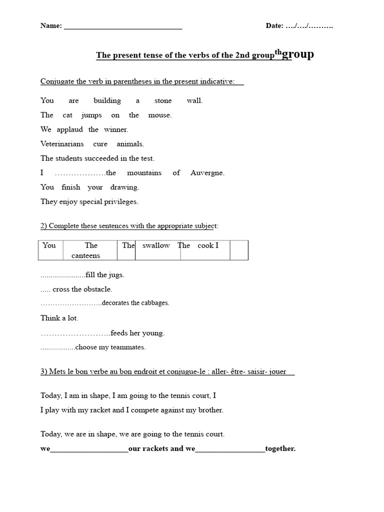 Present Tense of Second Group Verbs Grade 2 Grade 3 Grade 4 – Corrected ...