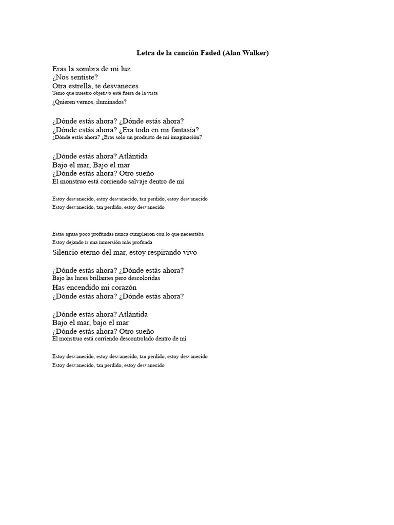 Letra y traducción de "Faded" de Alan Walker | PDF