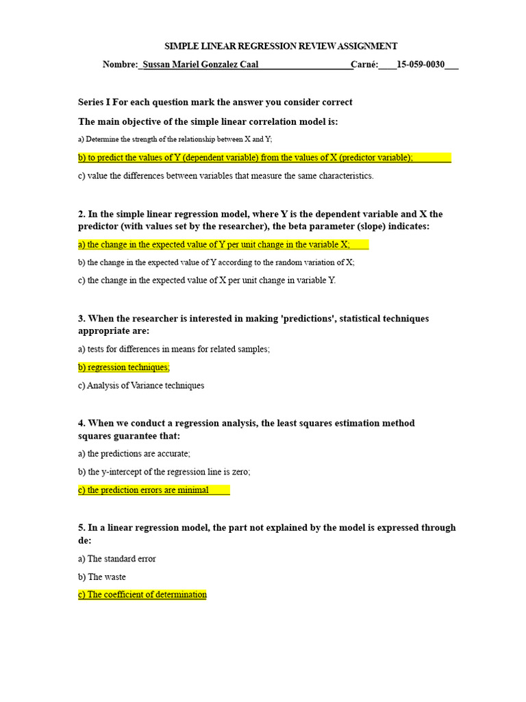 (Answers) Simple Linear Regression Review Assignment | PDF
