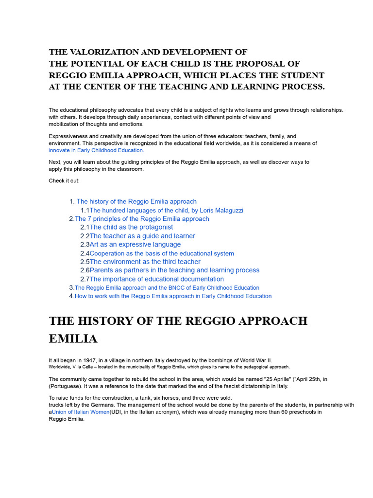 Reggio Emilia Approach in Early Education | PDF | Early Childhood ...