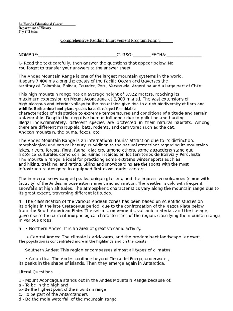 Reading Comprehension 5th 6th | PDF | Andes | Mountains