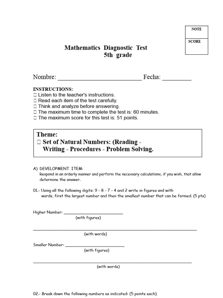 Mathematics Diagnostic Test 5th | PDF | Multiplication | Numbers