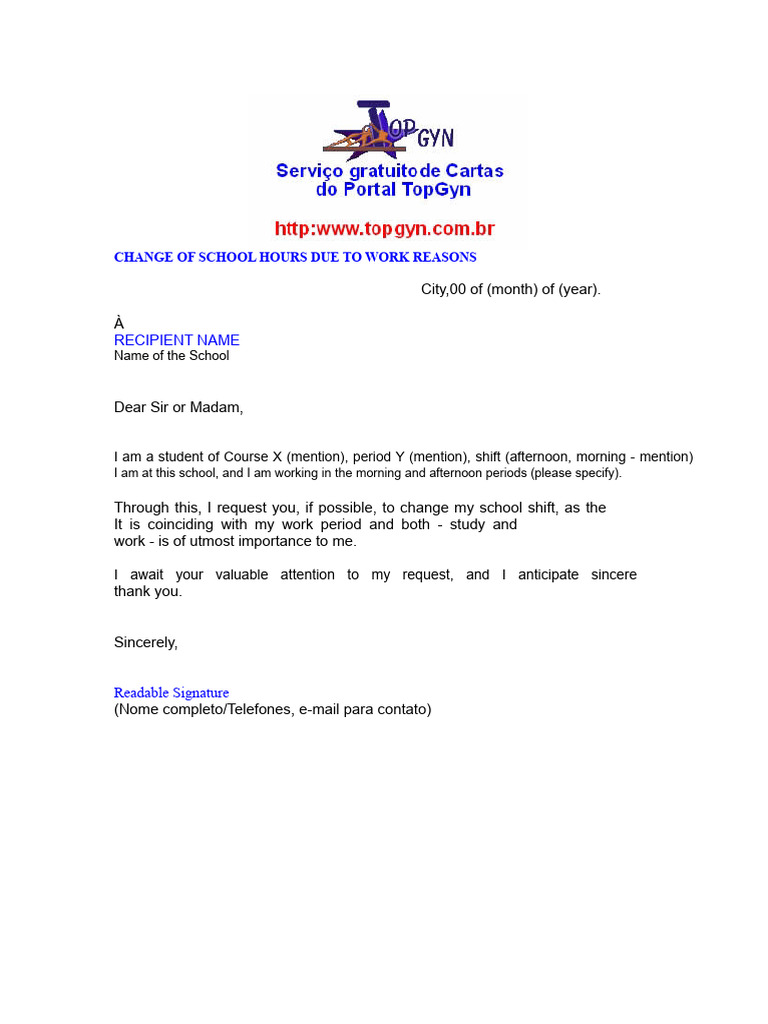 Request For Change of School Schedule Due To Work Reasons | PDF