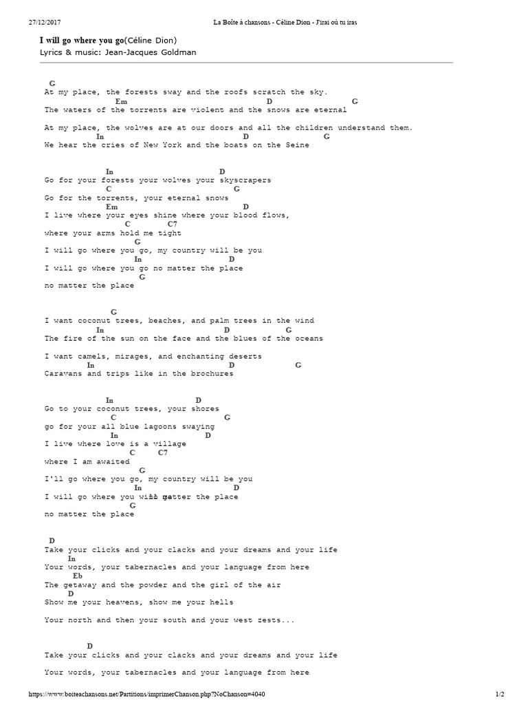 Céline Dion - I Will Go Where You Go | PDF