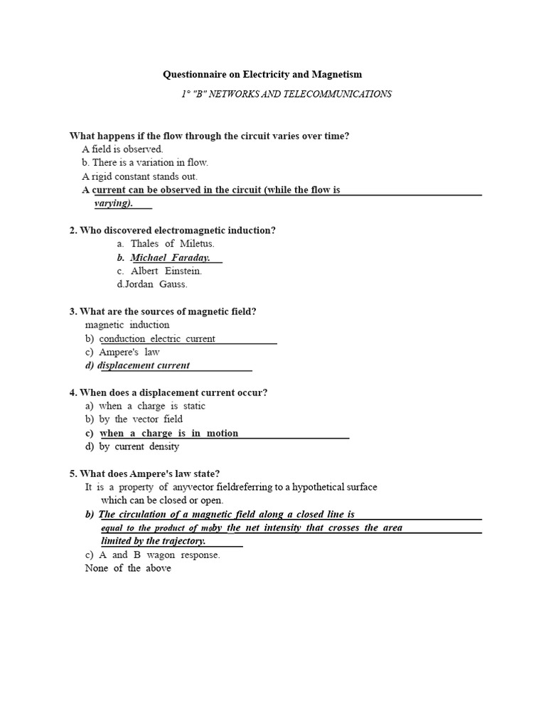 Electricity and Magnetism Questionnaire SECOND SEMESTER | PDF ...