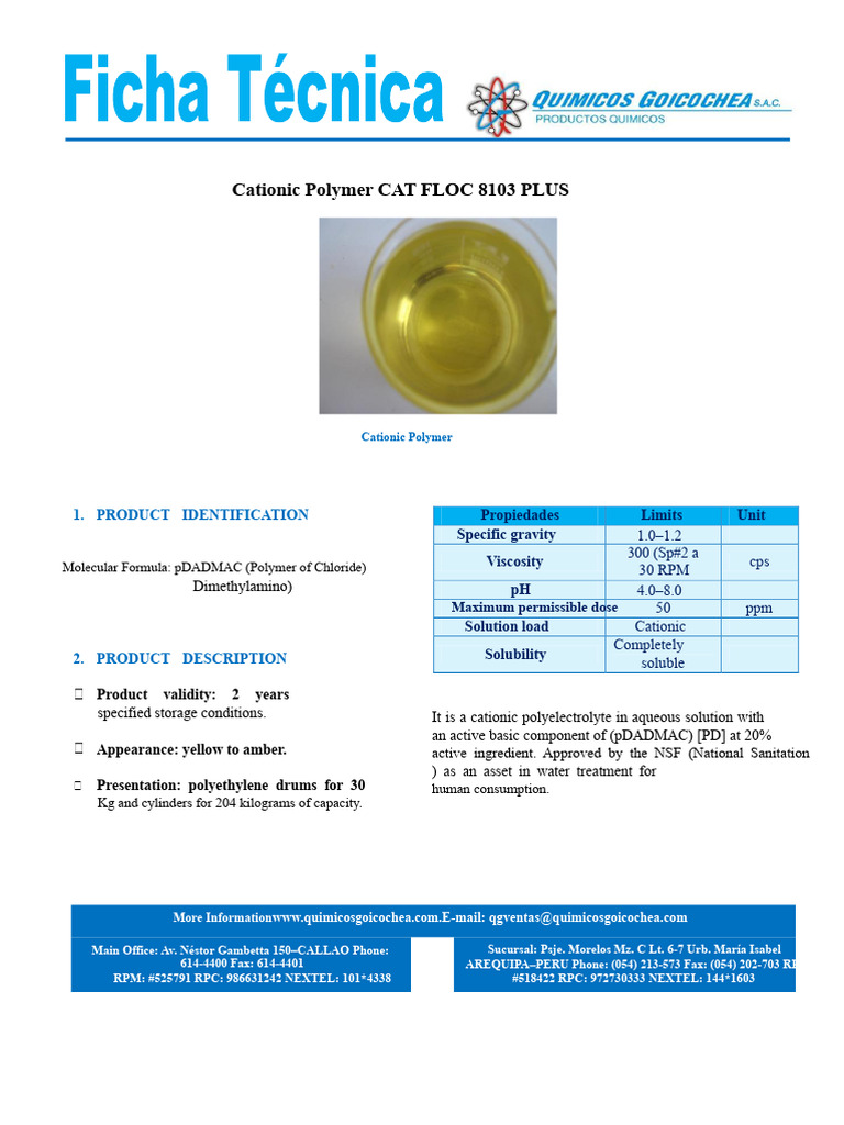Cationic Polymer Cat Floc 8103 Plus (1) | PDF | Materials | Chemistry