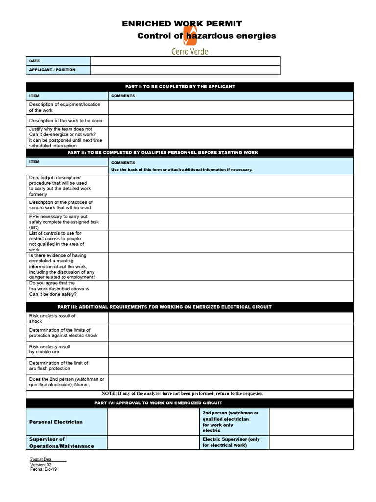 Format 01 Energized Work Permit_v.02 (5) | PDF | Electrician ...