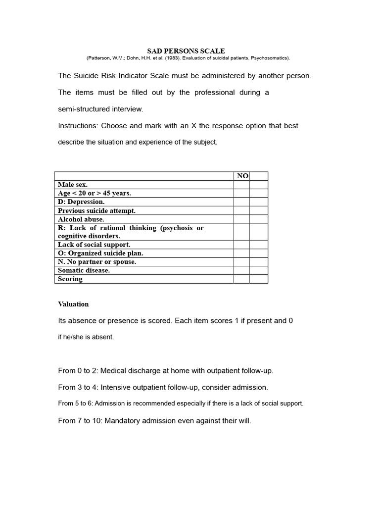 Sad Person Scale for Suicidal Patients | PDF