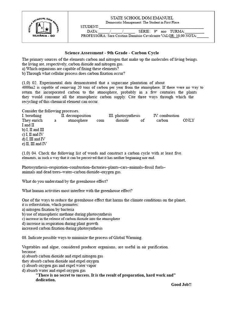 Assessment I - 9th Grade - Carbon Cycle | PDF | Carbon Cycle ...