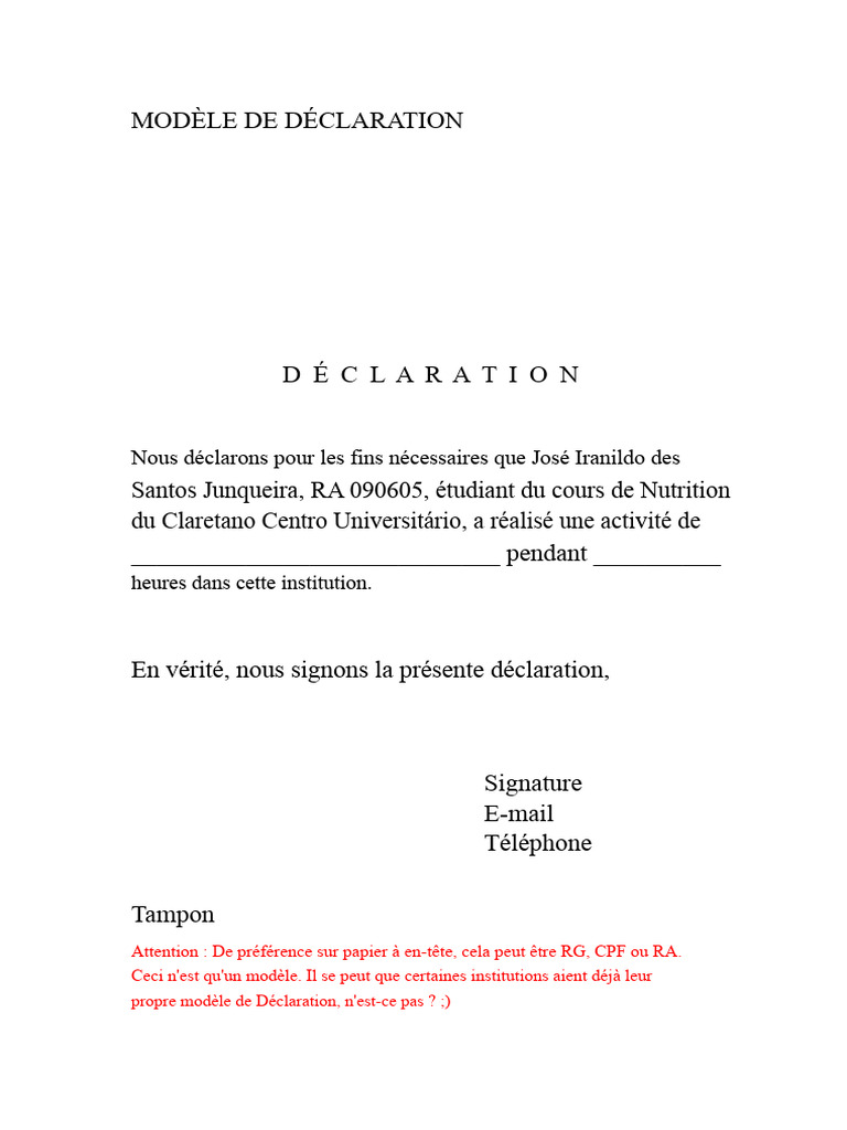Modèle de déclaration d'activité étudiante | PDF