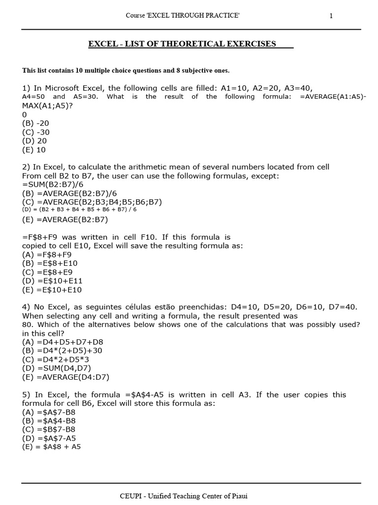 Excel - List of Theoretical Exercises | PDF | Microsoft Excel | Spreadsheet