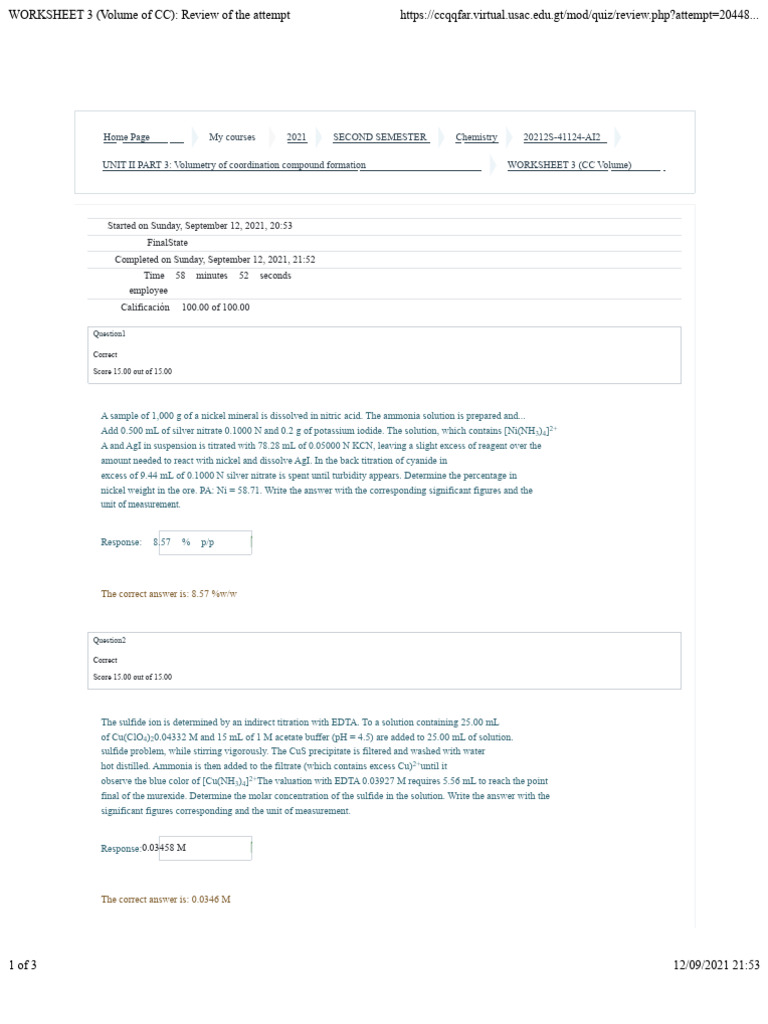 WORKSHEET 3 (Vol of CC) Review of the attempt | PDF | Titration | Chemistry