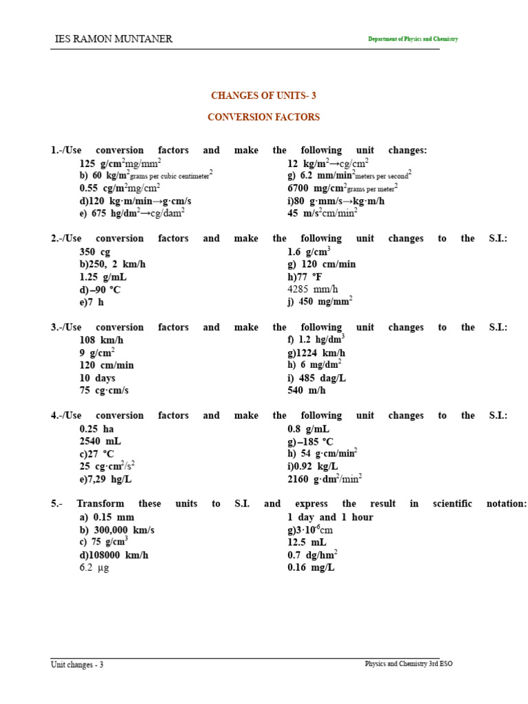 Exercises Conversion Factors - sheet 3 | PDF | Units Of Measurement ...