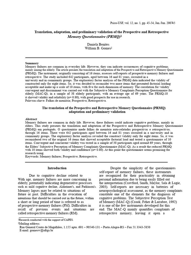 Prospective Memory Questionnaire | PDF | Validity (Statistics) | Memory