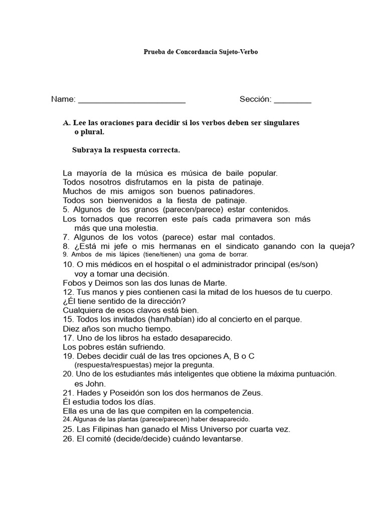 Prueba de Concordancia Sujeto-Verbo | PDF