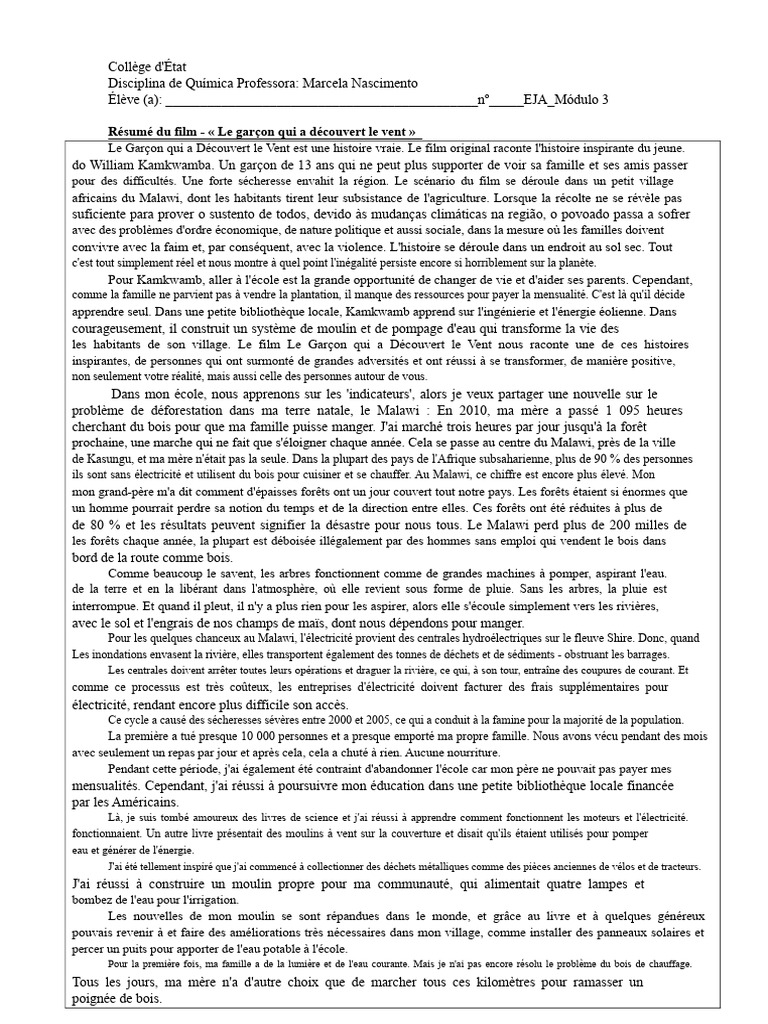 Résumé du film "Le Garçon qui a Découvert le Vent" | PDF | Plaie ...
