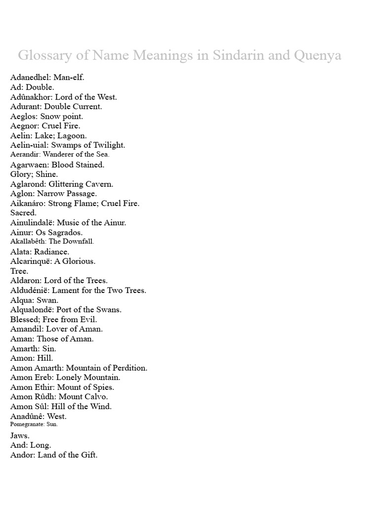 Sindarin and Quenya Name Meanings Glossary | PDF | Middle Earth Races ...