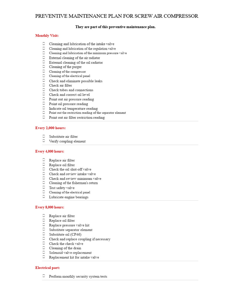 Preventive Maintenance Plan For Screw Air Compressor | PDF | Valve ...
