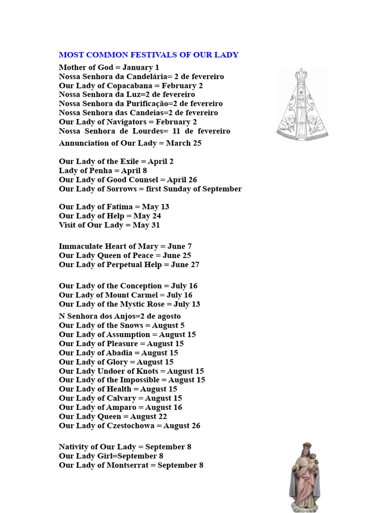 Most Common Festivals of Our Lady | PDF | Mary, Mother Of Jesus ...