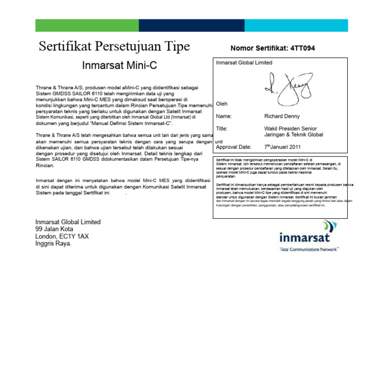 Sertifikat Tipe Inmarsat Mini-C GMDSS | PDF