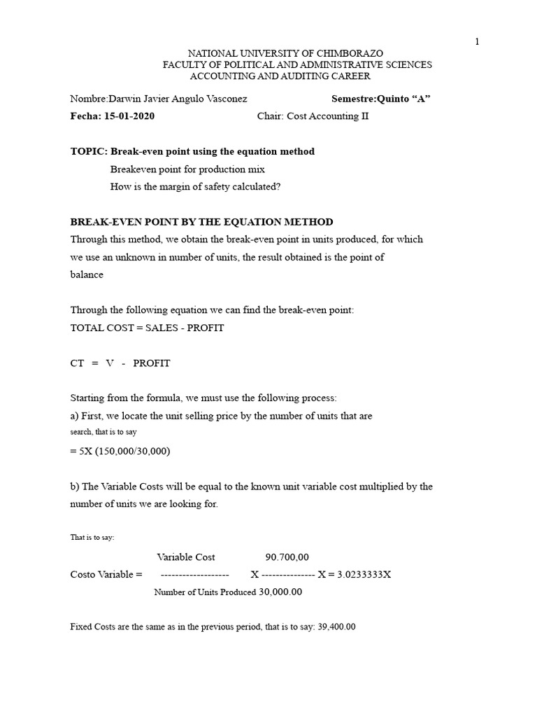 Break-even point by the equation method | PDF | Business Economics ...
