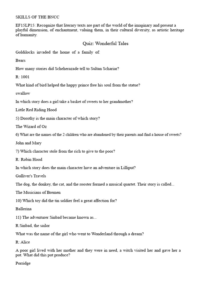 Literary Skills and Quiz on Tales | PDF