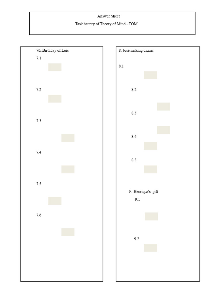Theory of Mind Task Battery Answer Sheet | PDF
