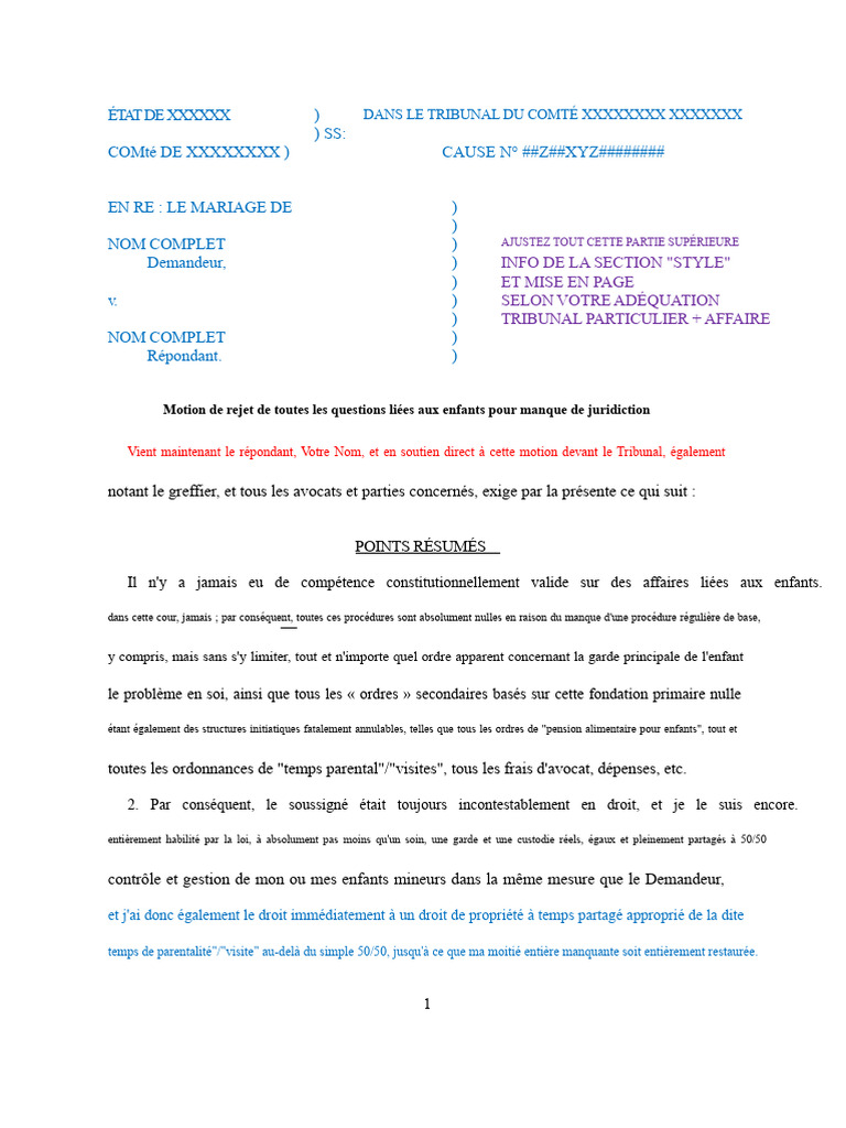 Motion de Rejet de Toutes Les Questions Relatives Aux Enfants Pour ...