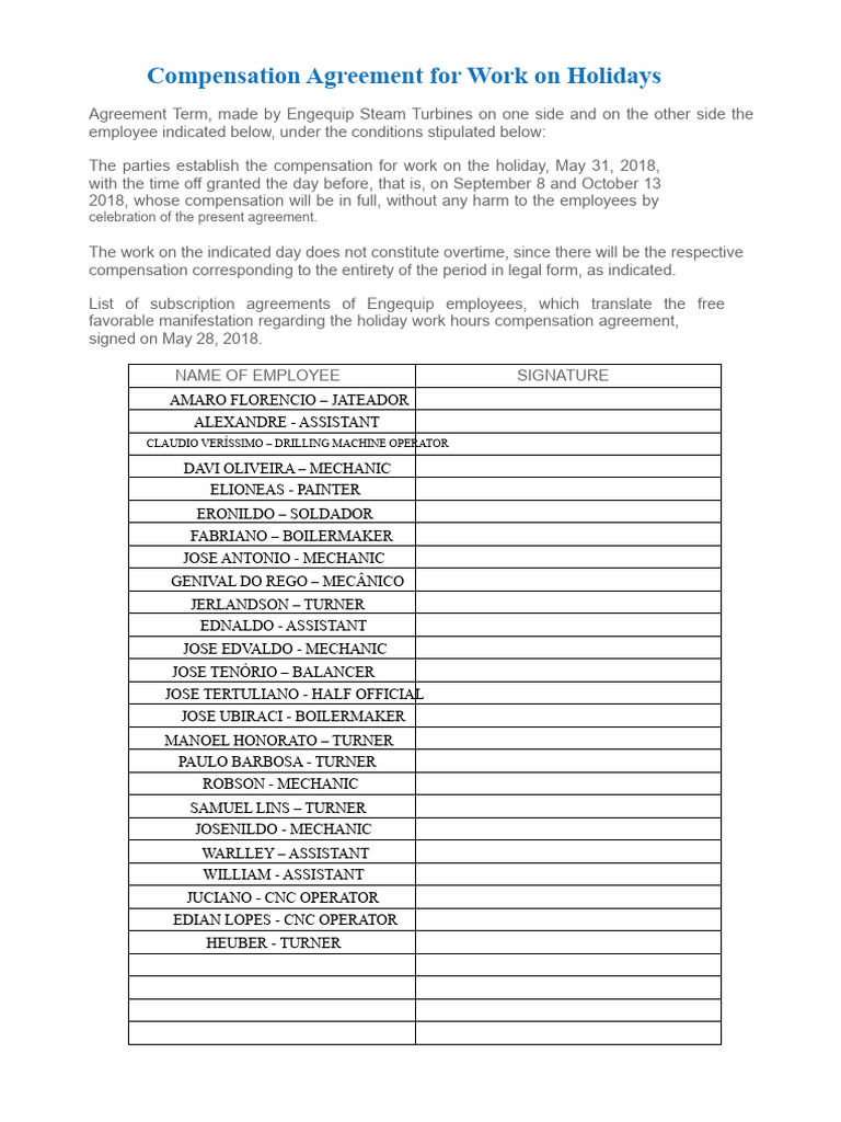Compensation Agreement For Work On Holidays | PDF