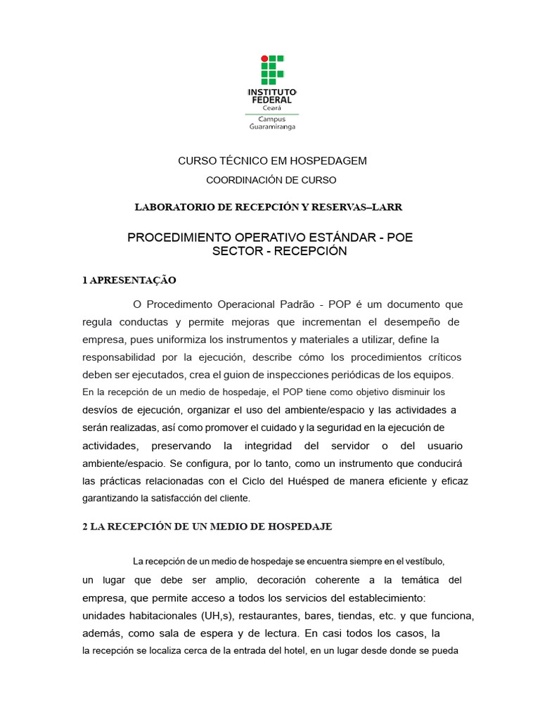 Procedimiento Operacional Estándar para El Sector de Recepción y ...