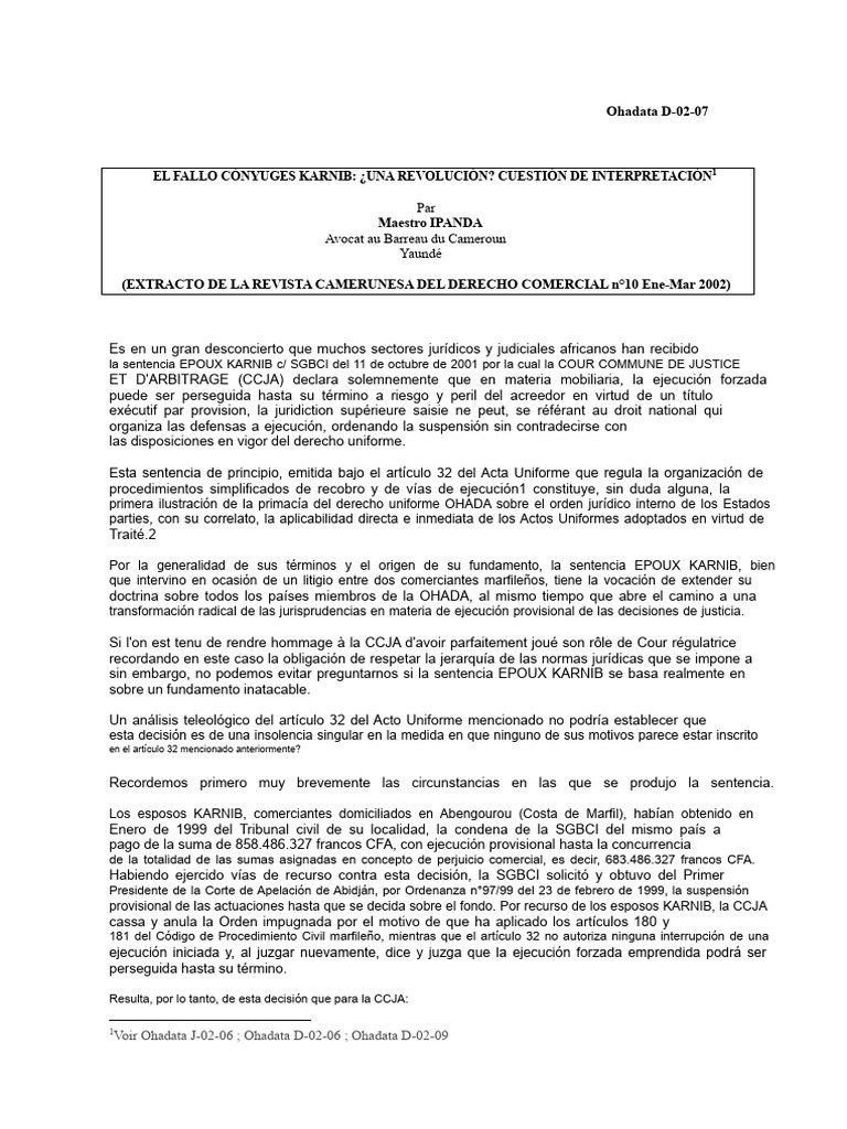 Sentencia EPOUX KARNIB: Impacto OHADA | PDF | Sentencia (ley) | Apelación