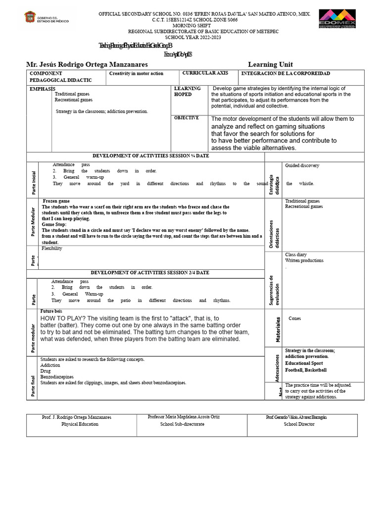Physical Education Teaching Planning FIRST Grade Group B | PDF | Learning