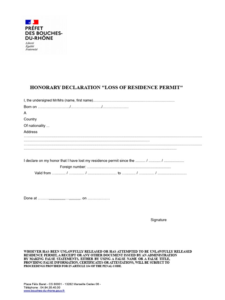 Honorary Declaration of Lost Residence Permit | PDF