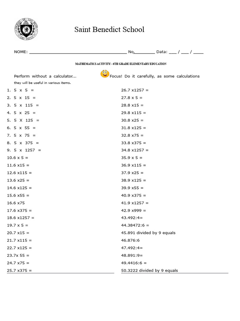 Mathematics Activity - 6th Grade | PDF