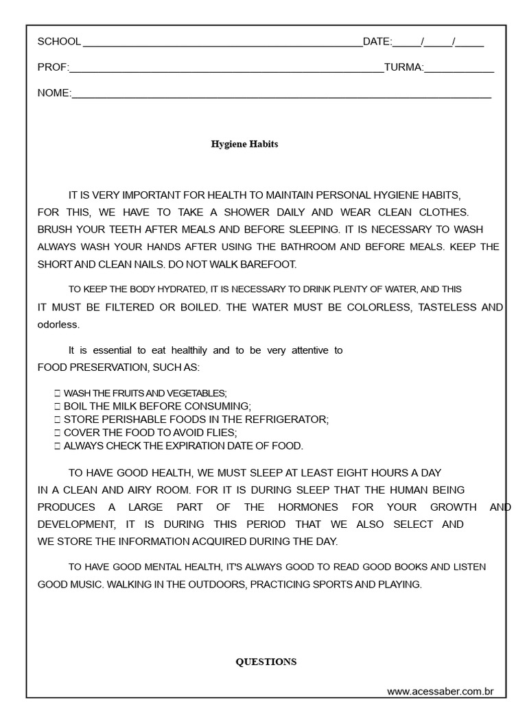 Science Activity Hygiene Habits 4th or 5th Grade | PDF | Hygiene