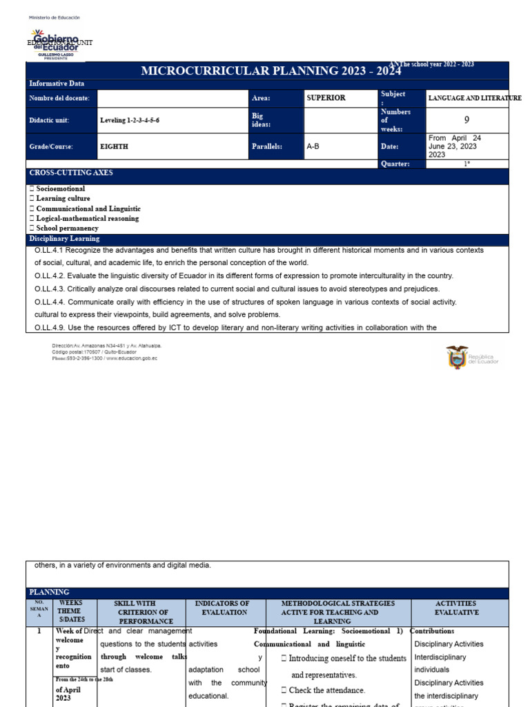 LL - 8th GRADE - 9 WEEKS PLANNING | PDF | Methodology | Interdisciplinarity