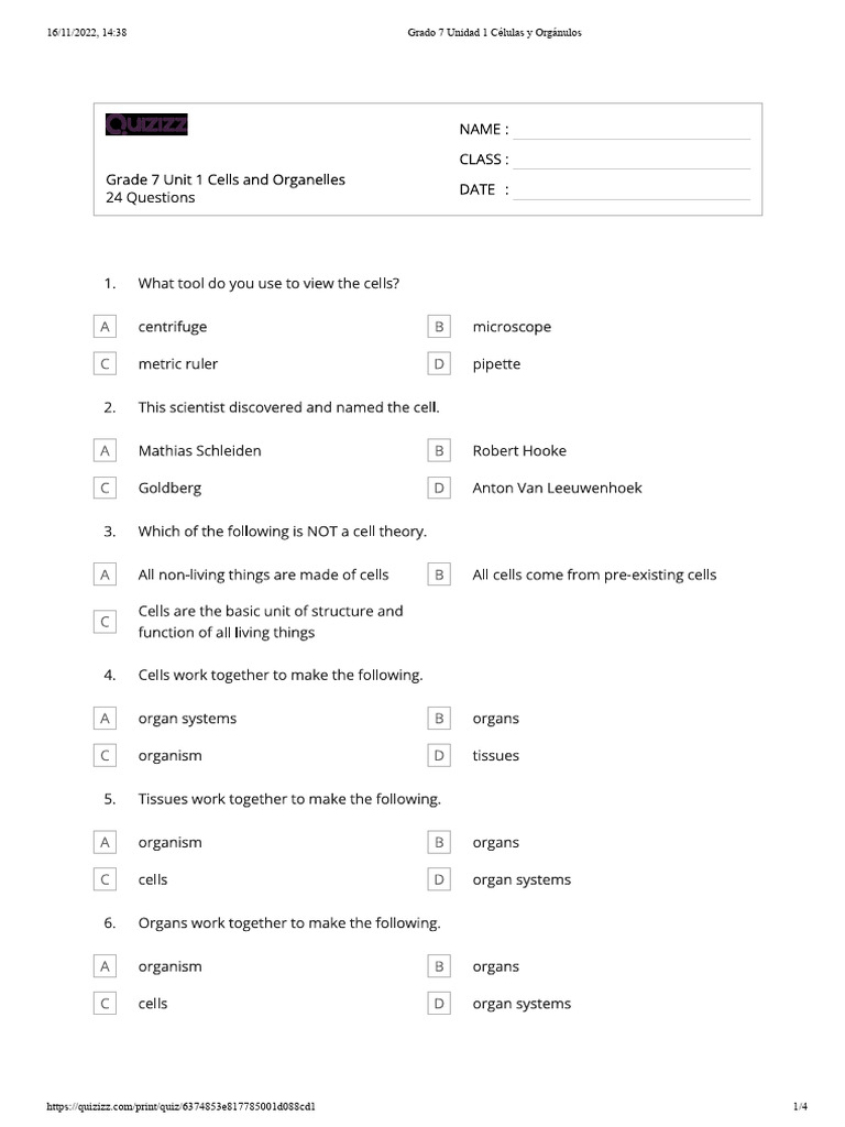 Grado 7 Unidad 1 Células y Orgánulos | PDF