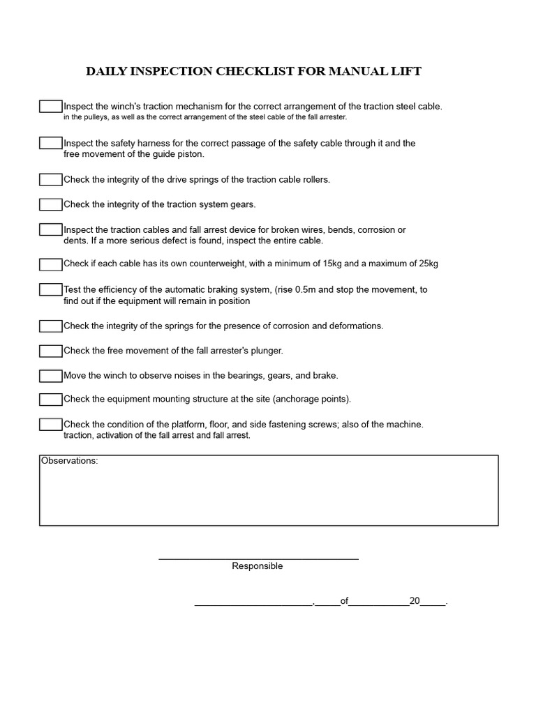 Daily Inspection Checklist For Manual Hoist | PDF
