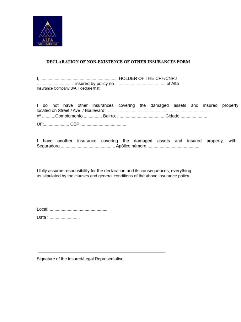 Non-Existence of Other Insurances Form | PDF