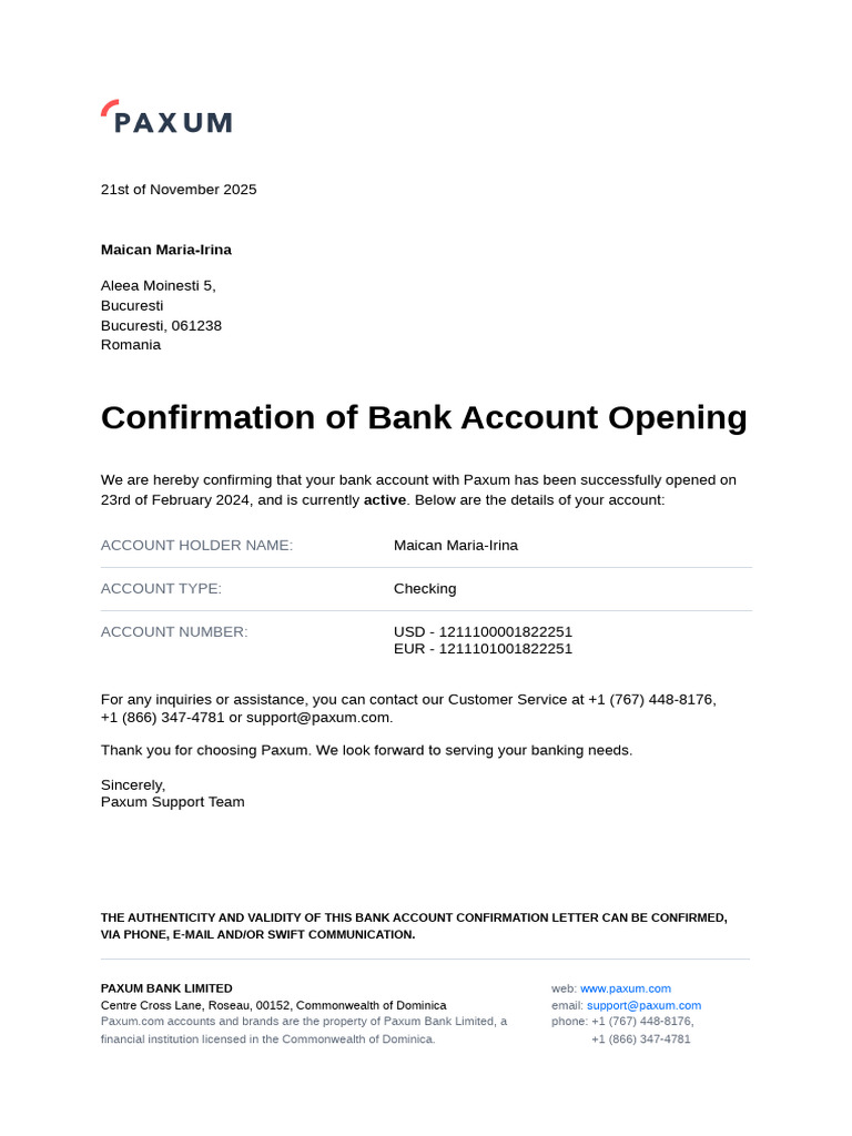 Paxum Bank Account Confirmation Letter | PDF